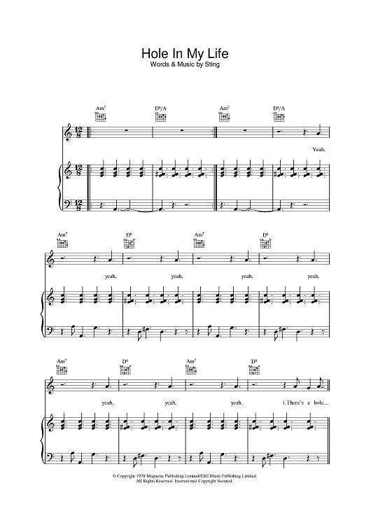 Hole In My Life" Sheet Music by The Police for Piano/Vocal/Chords ...