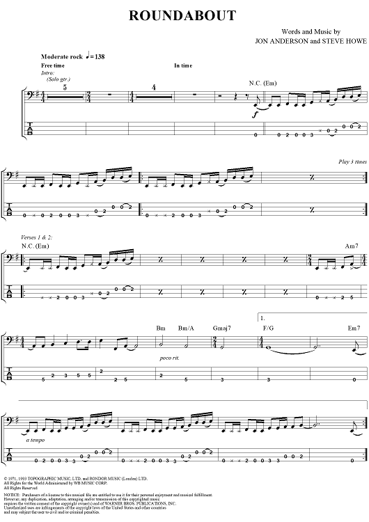 Roundabout" Sheet Music by Yes for Bass Tab - Sheet Music Now