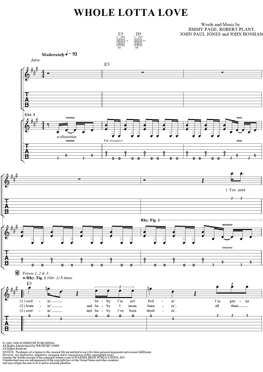 Whole Lotta Love" Sheet Music by Led Zeppelin for Easy Guitar Tab/Vocal - Sheet Music Now