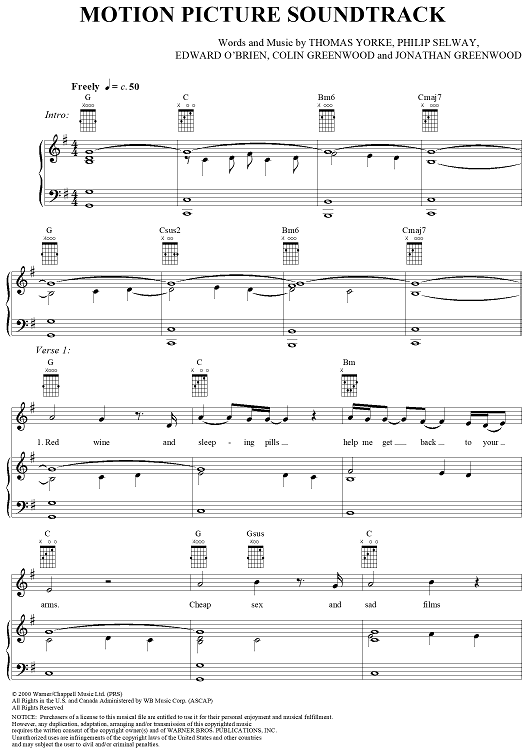 Motion Picture Soundtrack" Sheet Music by Radiohead for Piano/Vocal ...