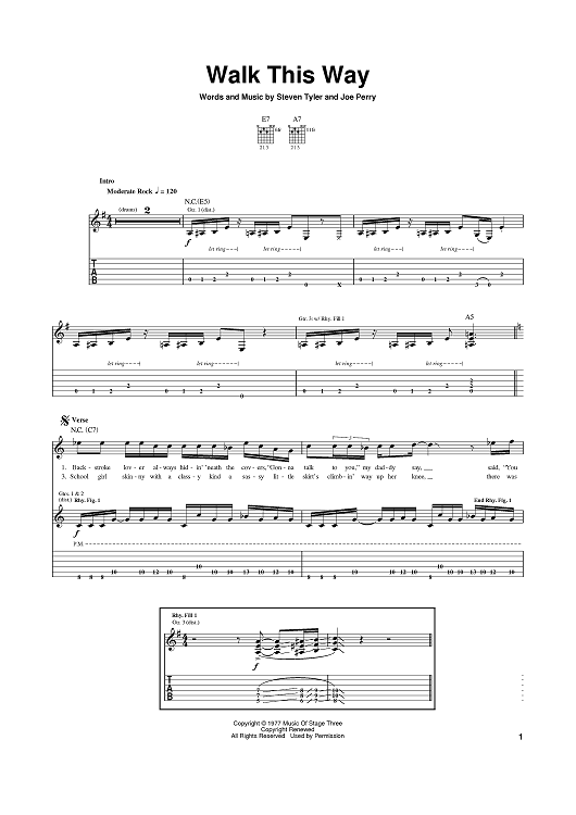 Walk This Way" Sheet Music by Aerosmith; Run-D.M.C. for Guitar Tab ...