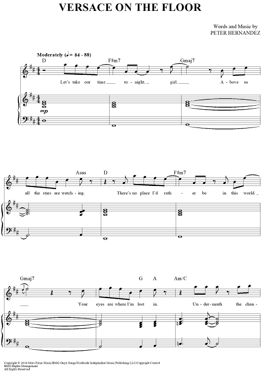 Versace On The Floor" Sheet Music by Bruno Mars for Piano/Vocal/Chords ...