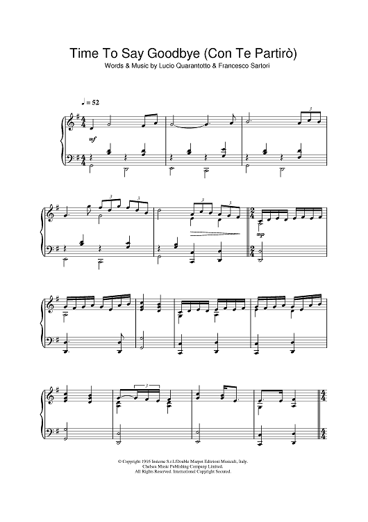 Time To Say Goodbye (Con Te Partiro)" Sheet Music by Lucio Quarantotto for Piano - Sheet Music Now