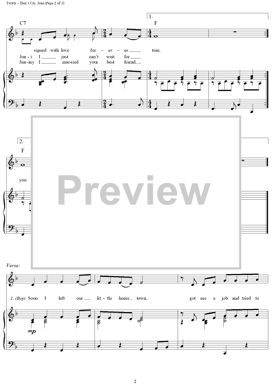 Don't Cry, Joni" Sheet Music by Conway Twitty for Piano/Vocal/Chords ...