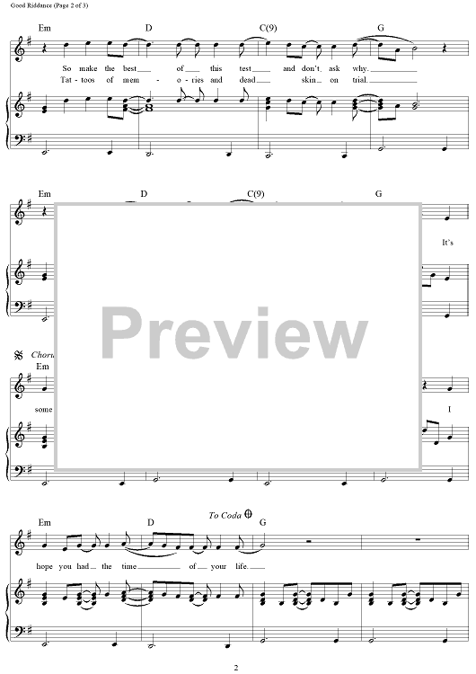 Good Riddance (Time of Your Life)" Sheet Music by Green Day for Piano ...