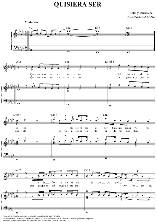 Quisiera Ser" Sheet Music by Alejandro Sanz for Piano/Vocal/Chords ...