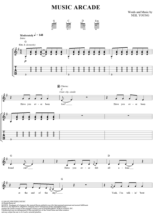 Music Arcade" Sheet Music by Neil Young; Crazy Horse for Guitar Tab ...