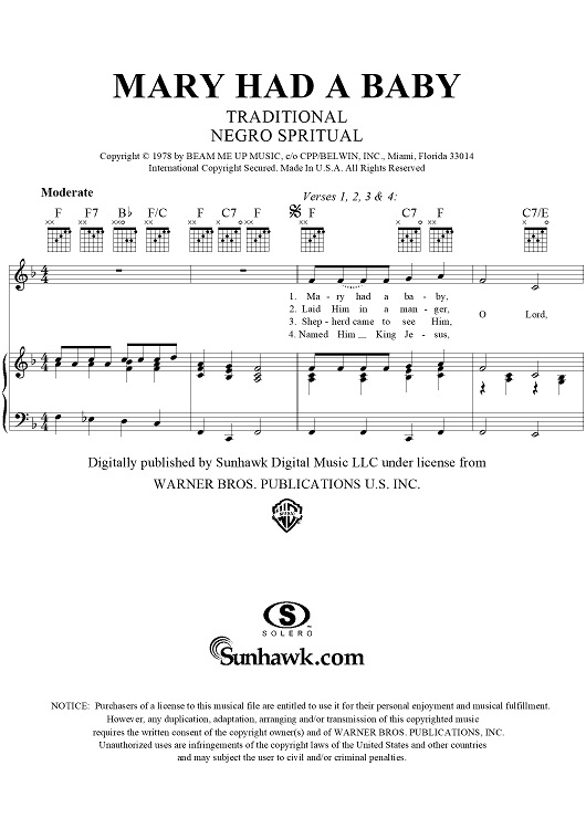Mary Had A Baby" Sheet Music for Piano/Vocal/Chords - Sheet Music Now