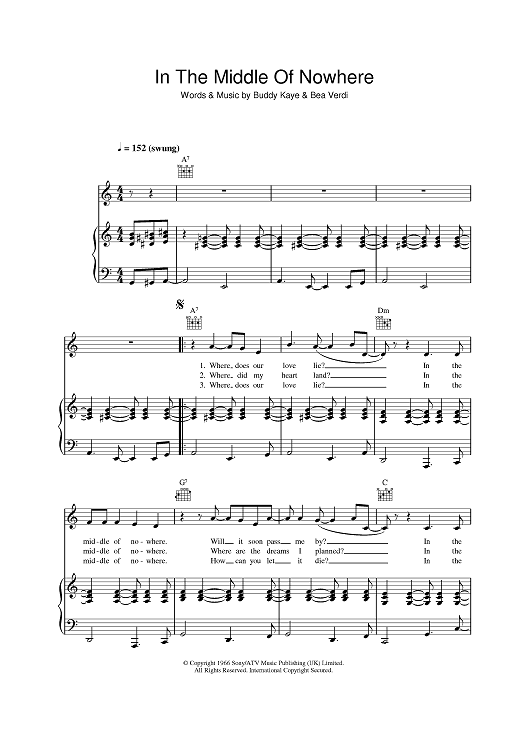 In The Middle Of Nowhere" Sheet Music by Dusty Springfield for Piano/Vocal/Chords - Sheet Music Now