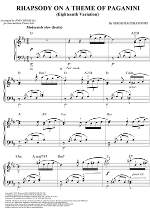 Rhapsody on a Theme of Paganini's (Eighteenth Variation)" Sheet Music ...