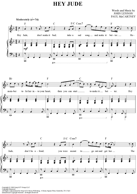 Hey Jude" Sheet Music by The Beatles for Piano/Vocal/Chords - Sheet ...