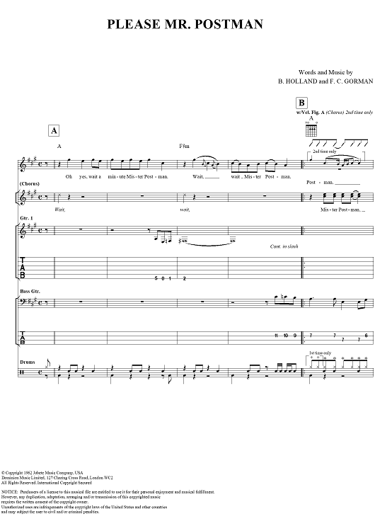 Please Mr. Postman" Sheet Music by The Beatles for Guitar Tab/Vocal ...