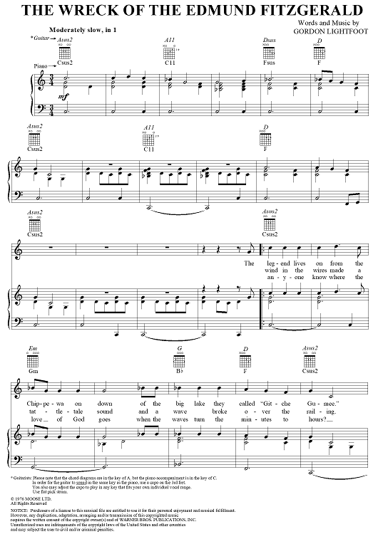 The Wreck of the Edmund Fitzgerald" Sheet Music by Gordon Lightfoot for ...