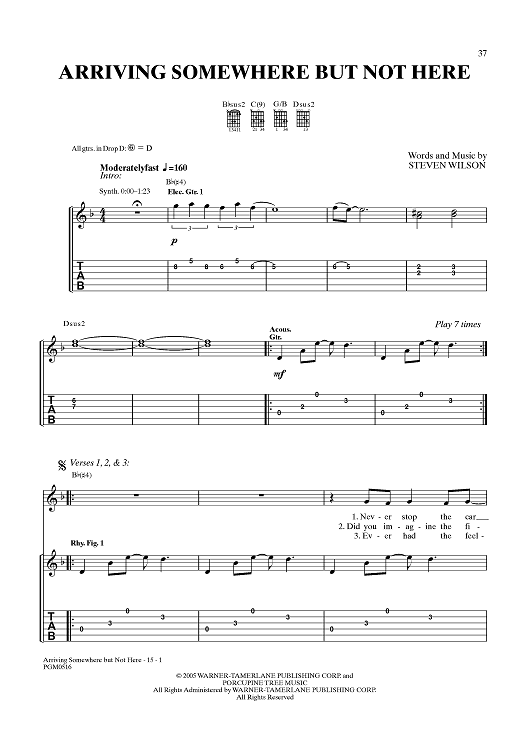 Arriving Somewhere But Not Here" Sheet Music by Porcupine Tree for ...