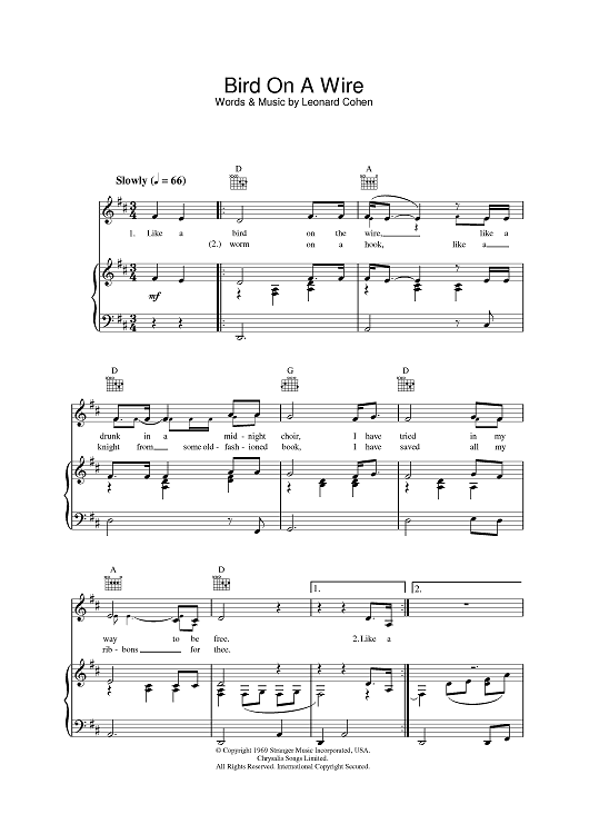 Bird On A Wire" Sheet Music by Aaron Neville; Leonard Cohen for Piano ...