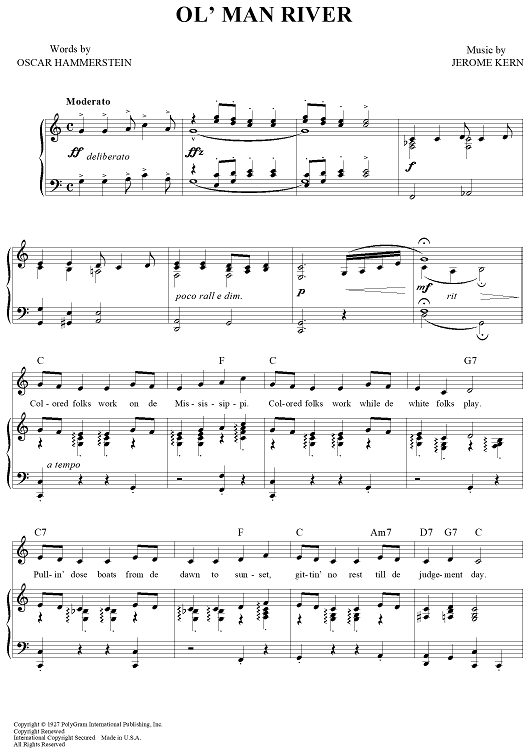 Ol' Man River" Sheet Music by Frank Sinatra; Paul Whiteman; Paul Robeson for Piano/Vocal/Chords ...