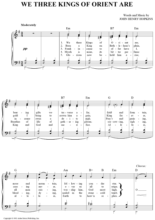 We Three Kings Of Orient Are" Sheet Music for Easy Piano/Vocal/Chords ...