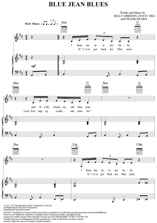 Blue Jean Blues" Sheet Music by ZZ Top for Piano/Vocal/Chords - Sheet ...