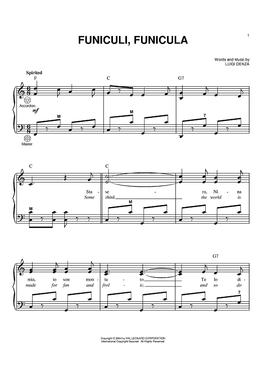 Funiculi, Funicula" Sheet Music by Luciano Pavarotti; Mario Lanza for ...