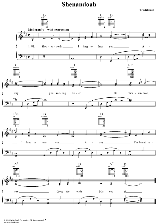 Shenandoah" Sheet Music for Piano/Vocal/Chords - Sheet Music Now