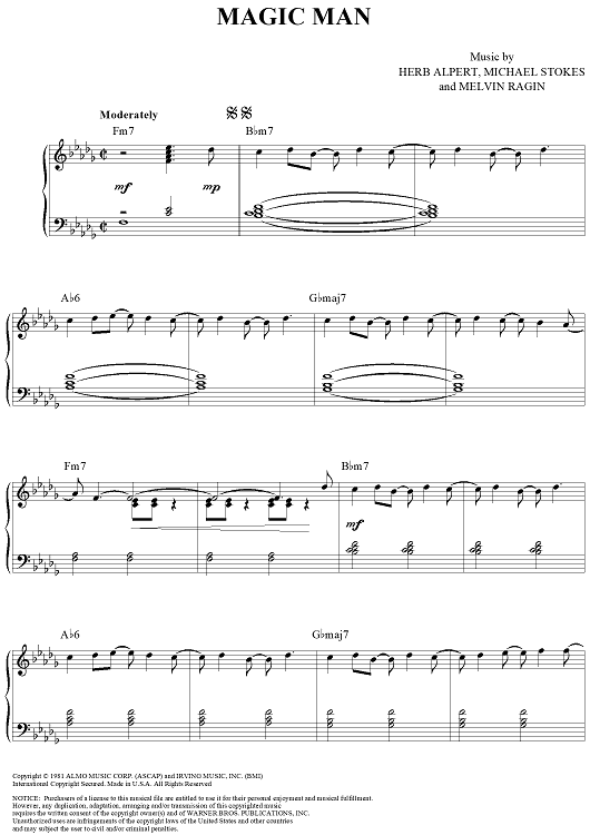 Magic Man - Piano" Sheet Music by Herb Alpert for Trumpet/Piano - Sheet ...