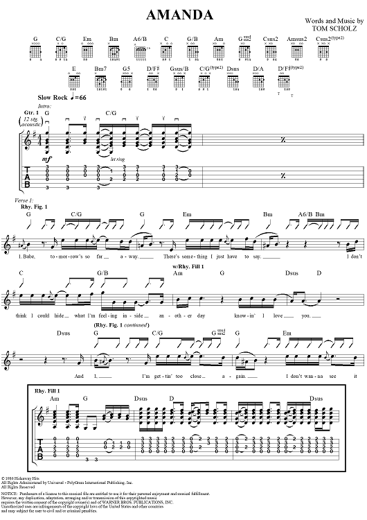 Amanda" Sheet Music by Boston for Guitar Tab/Vocal - Sheet Music Now