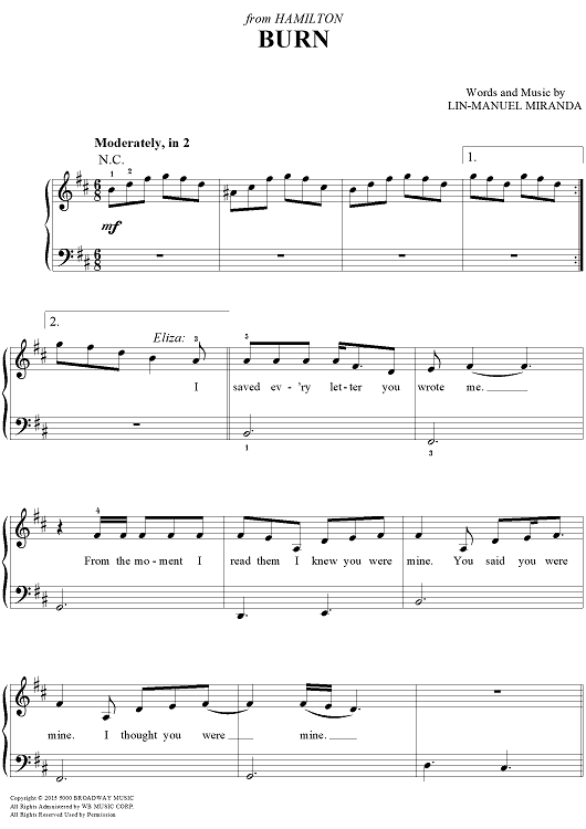 Burn - from Hamilton" Sheet Music for Easy Piano/Vocal/Chords - Sheet ...