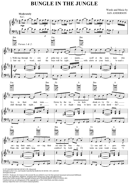 Bungle in the Jungle" Sheet Music by Jethro Tull for Piano/Vocal/Chords ...