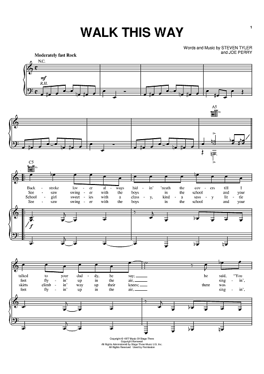Walk This Way" Sheet Music by Aerosmith; Run-D.M.C. for Piano/Vocal ...