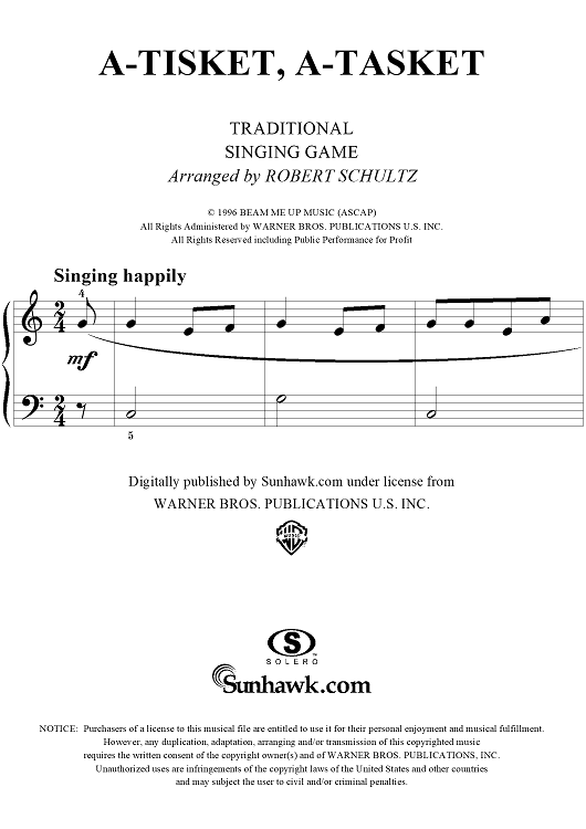 A-Tisket, A-Tasket" Sheet Music for Five Finger Piano - Sheet Music Now