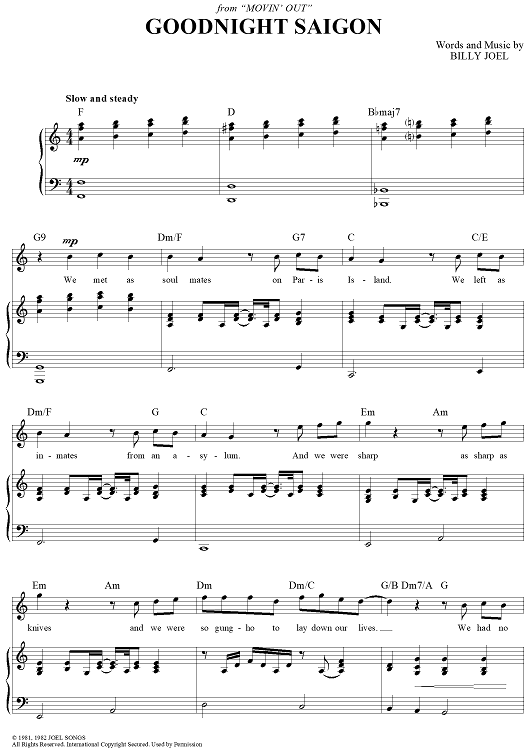 Goodnight Saigon" Sheet Music by Billy Joel for Piano/Vocal/Chords ...