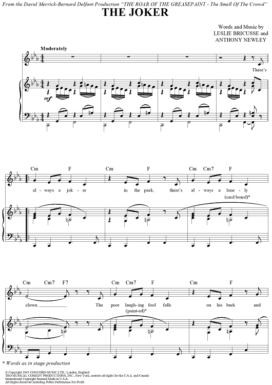 The Joker" Sheet Music for Piano/Vocal/Chords - Sheet Music Now