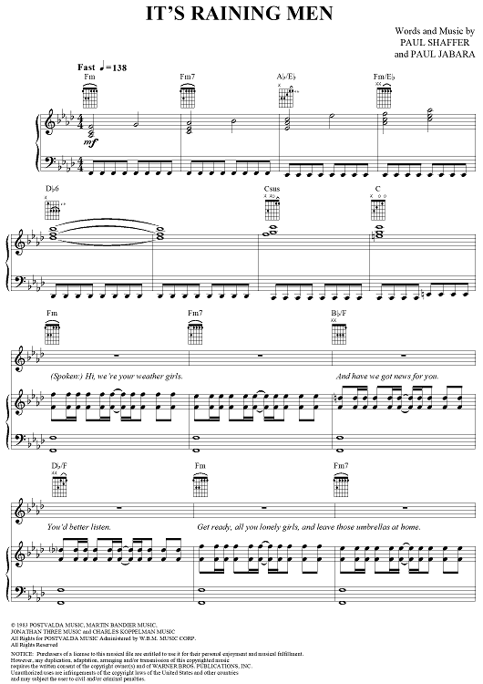 It's Raining Men" Sheet Music by Geri Halliwell; The Weather Girls for ...