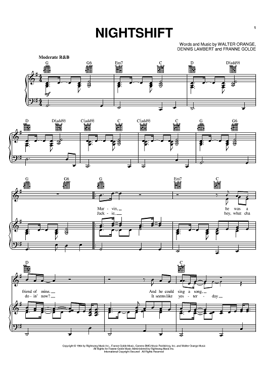 Nightshift" Sheet Music by Commodores for Piano/Vocal/Chords - Sheet ...