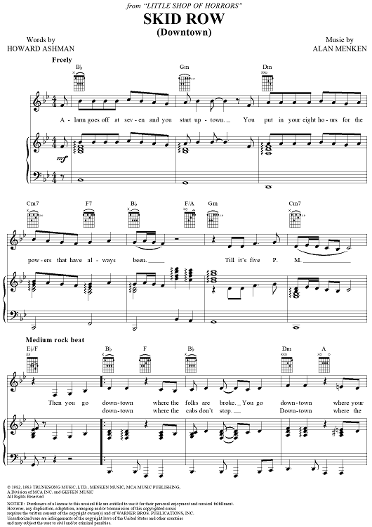 Skid Row (Downtown)" Sheet Music for Piano/Vocal/Chords - Sheet Music Now