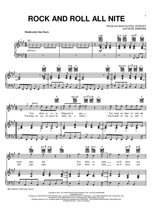 Rock And Roll All Nite" Sheet Music by KISS for Piano/Vocal/Chords ...