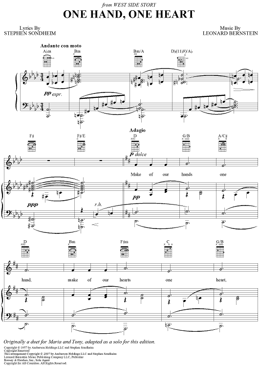 One Hand, One Heart" Sheet Music for Piano/Vocal/Chords - Sheet Music Now