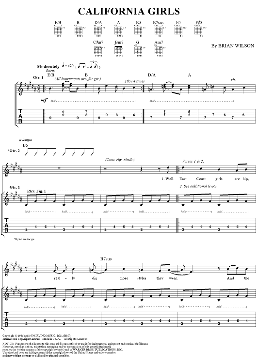 California Girls" Sheet Music by The Beach Boys; David Lee Roth for ...