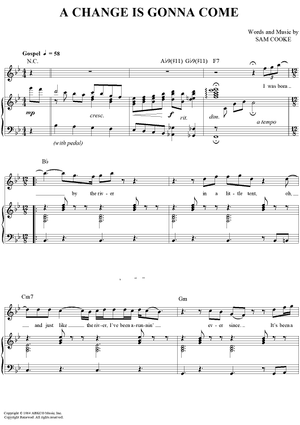 A Change Is Gonna Come" Sheet Music by Sam Cooke for Piano/Vocal/Chords ...
