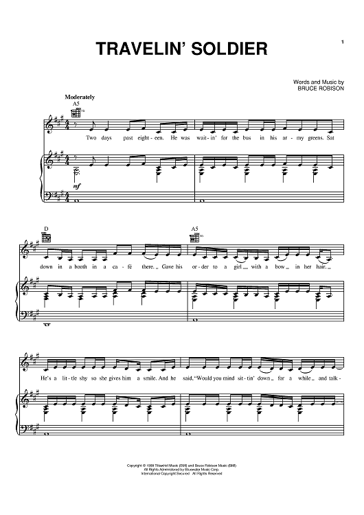 Travelin' Soldier" Sheet Music by The Chicks for Piano/Vocal/Chords ...