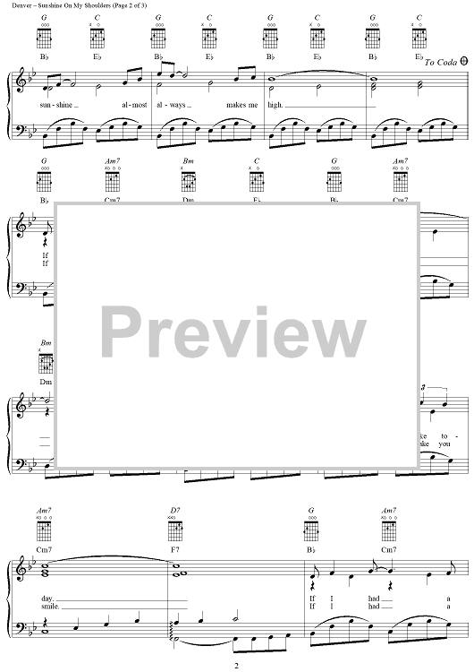 Sunshine on My Shoulders" Sheet Music by John Denver for Piano/Vocal ...