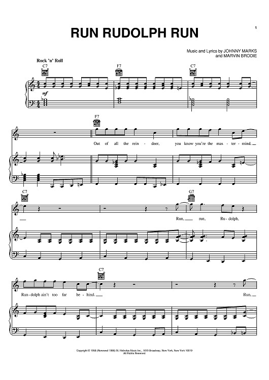 Run Rudolph Run" Sheet Music by Johnny Marks for Piano/Vocal/Chords ...