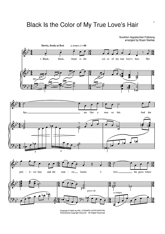 Black Is the Color of My True Love's Hair" Sheet Music for Piano/Vocal ...