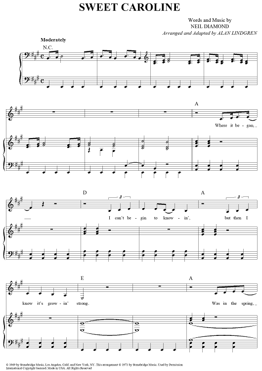 Sweet Caroline" Sheet Music by Neil Diamond for Piano/Vocal/Chords - Sheet Music Now
