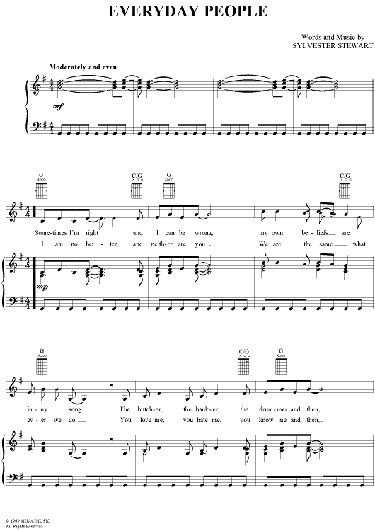 Everyday People" Sheet Music by Sly and the Family Stone for Piano ...