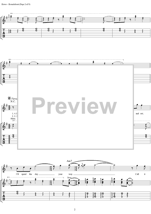 Roundabout" Sheet Music by Yes for Easy Guitar Tab/Vocal - Sheet Music Now