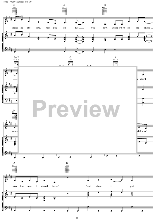 Our Song" Sheet Music by Taylor Swift for Piano/Vocal/Chords - Sheet ...