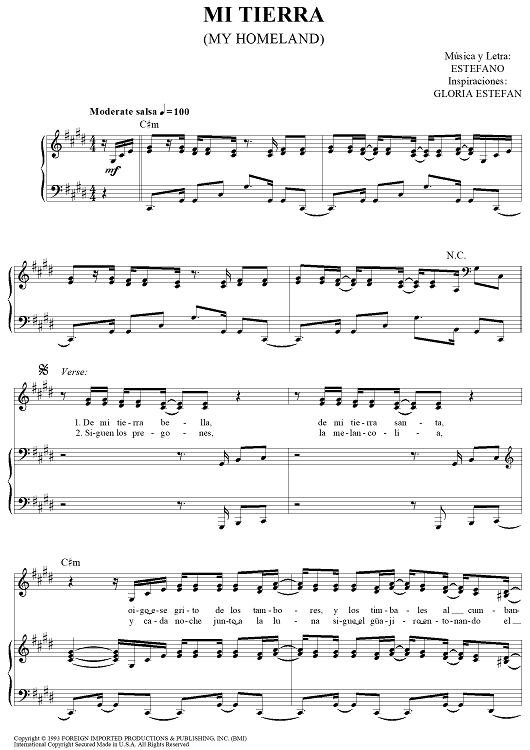 Mi Tierra (My Homeland)" Sheet Music by Gloria Estefan for Piano/Vocal ...