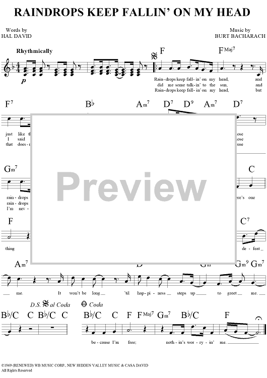 Raindrops Keep Fallin' On My Head" Sheet Music by B. J. Thomas for Lead ...