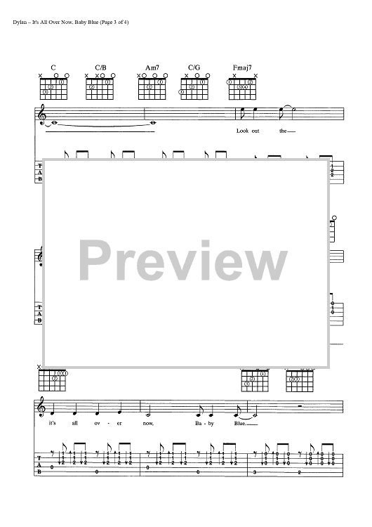 It's All Over Now, Baby Blue" Sheet Music by Bob Dylan for Guitar Tab ...